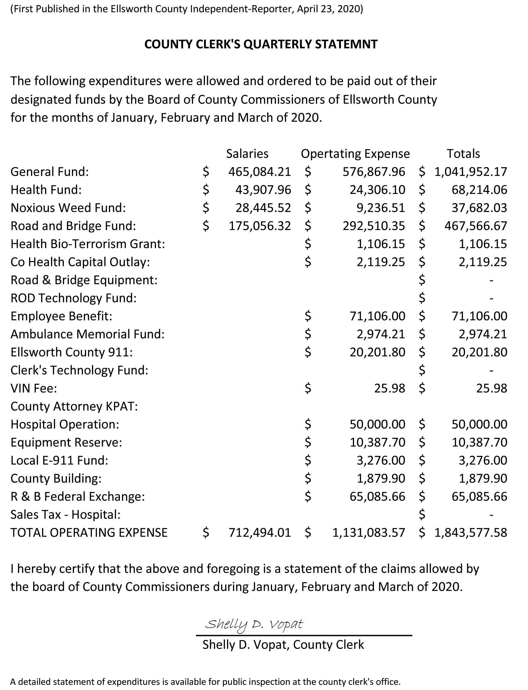 Ellsworth County Clerk's 1st Quarter 2020 Statement of Receipts and ...